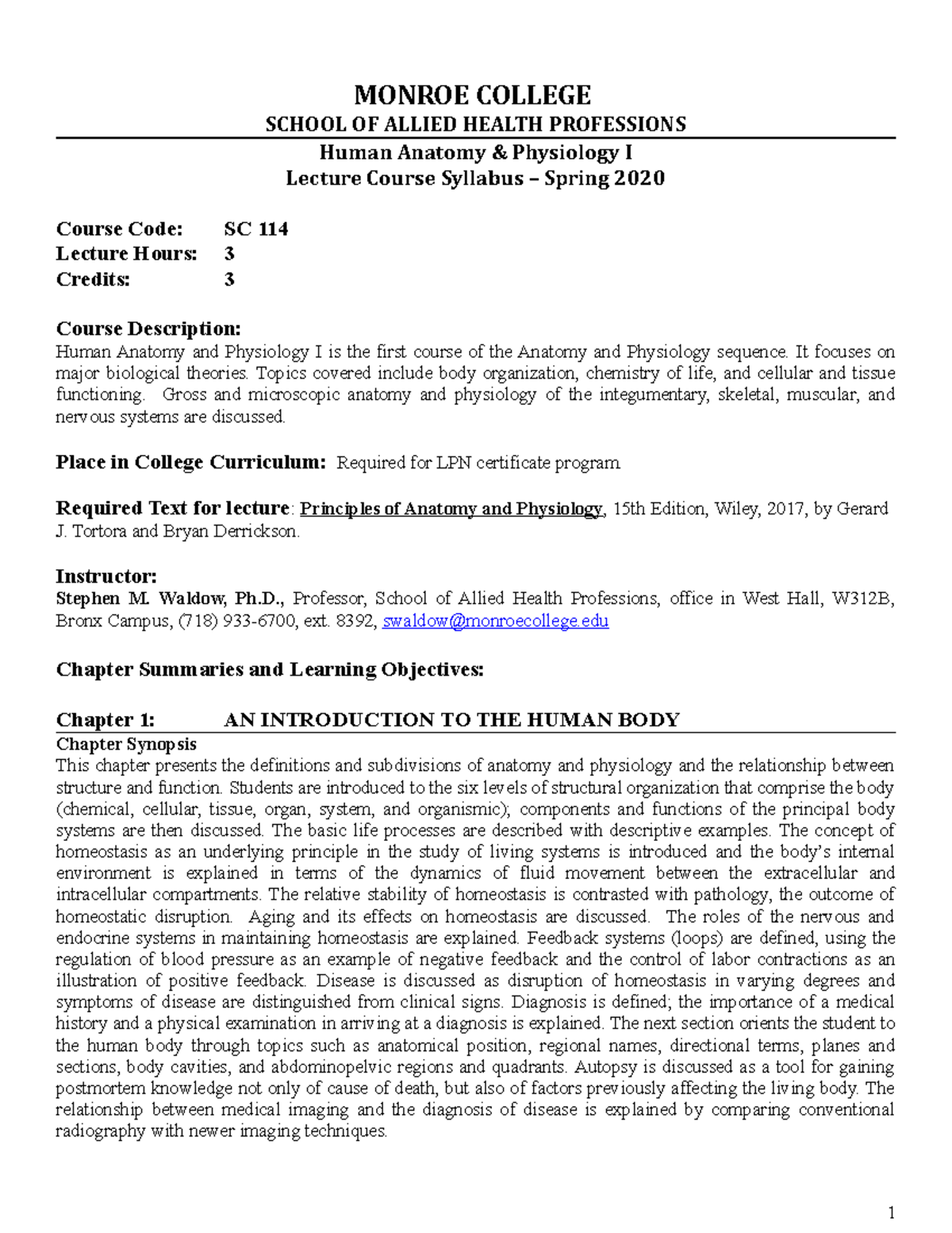 SC114LEC Human Anatomy & Physiology I Syllabus - Spring 2020 - Studocu