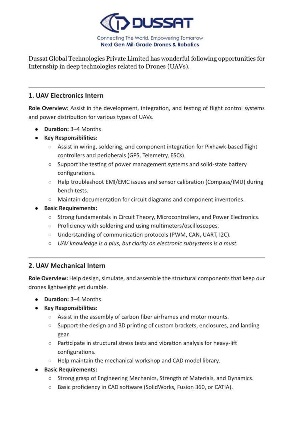 DbuUssAT Internship Opportunities in UAV Electronics & Mechanics - Studocu