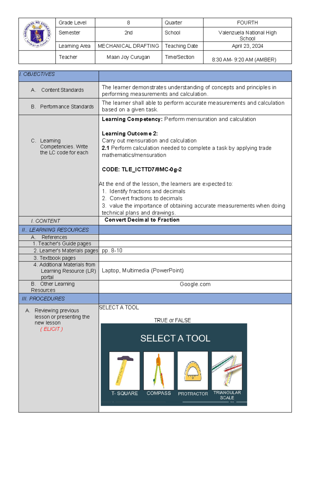 Daily Lesson Plan for TLE: Mensuration & Calculation (Grade 8) - Studocu