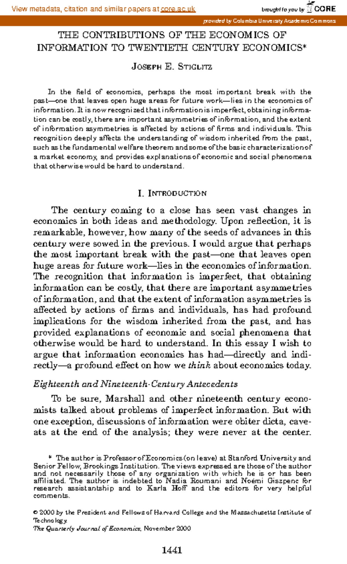 Contributions of Information Economics in the 20th Century - 2000 ...