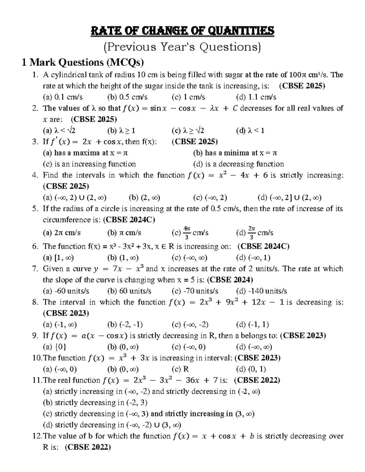 Rate of Change of Quantities: Increasing & Decreasing (PYQ) - Studocu