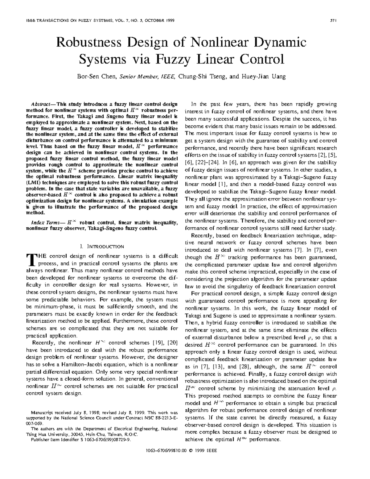 Robustness Design of Nonlinear Dynamic Systems via Fuzzy Control (C070 ...