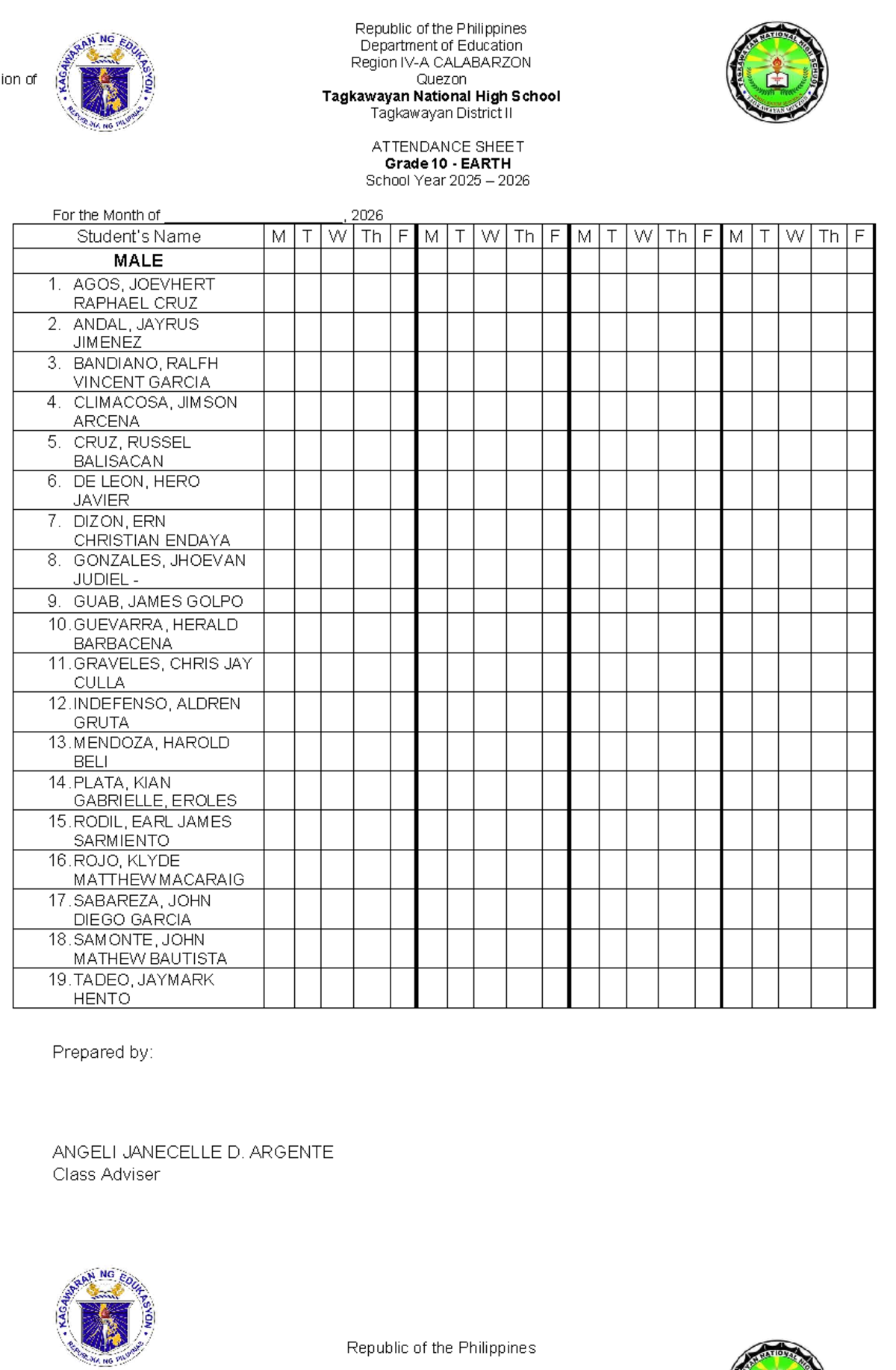 G10 EARTH Attendance Sheet for SY 2025-2026 - Studocu