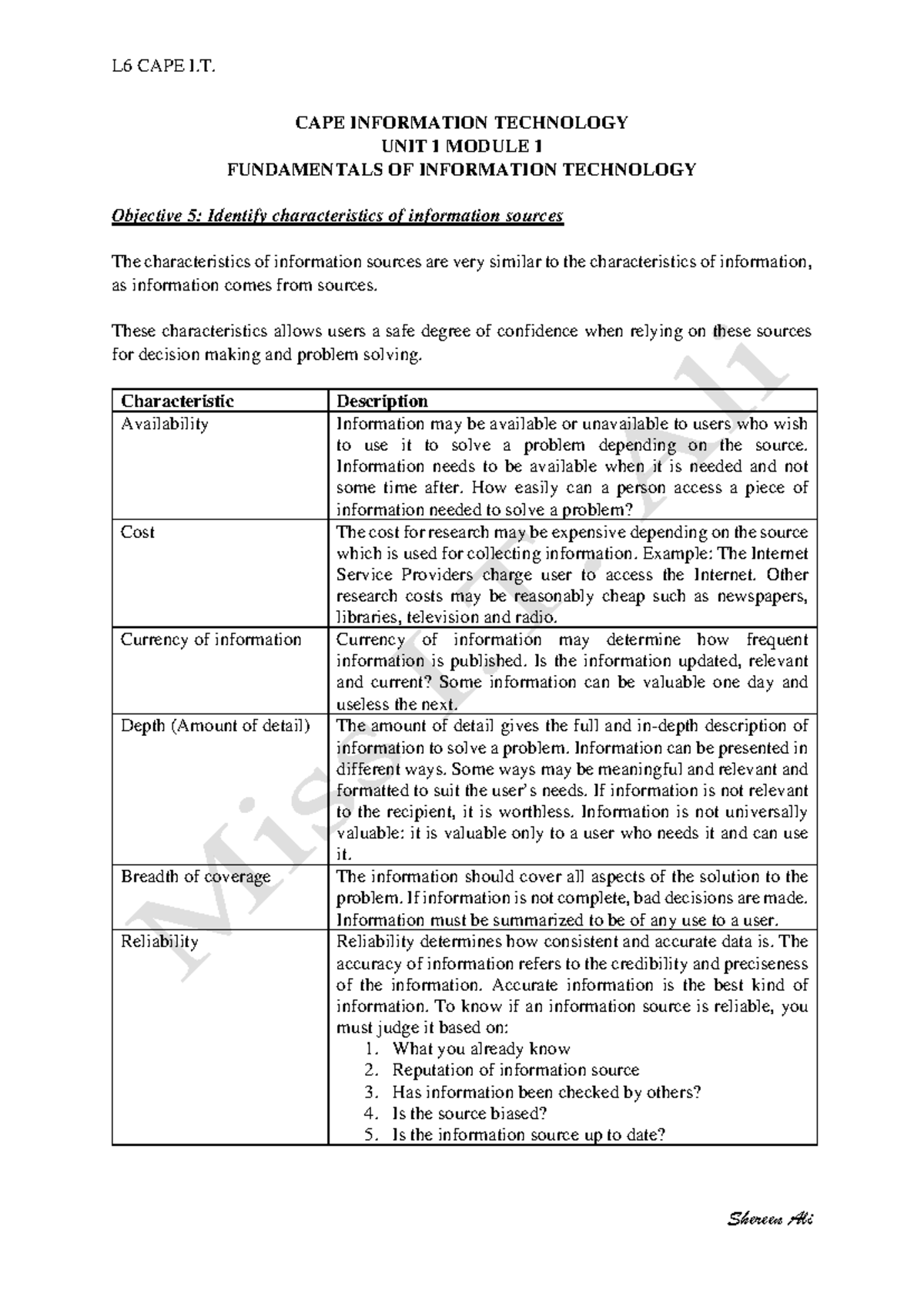 U1M1 - Obj5: Characteristics of Information Sources in I.T. - Studocu