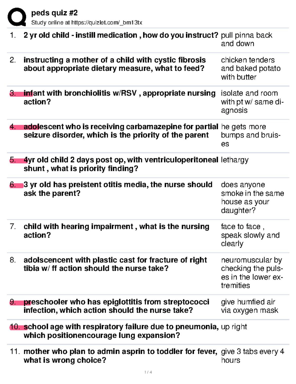 Peds Quiz 2 Notes - Key Concepts and Nursing Actions - Studocu