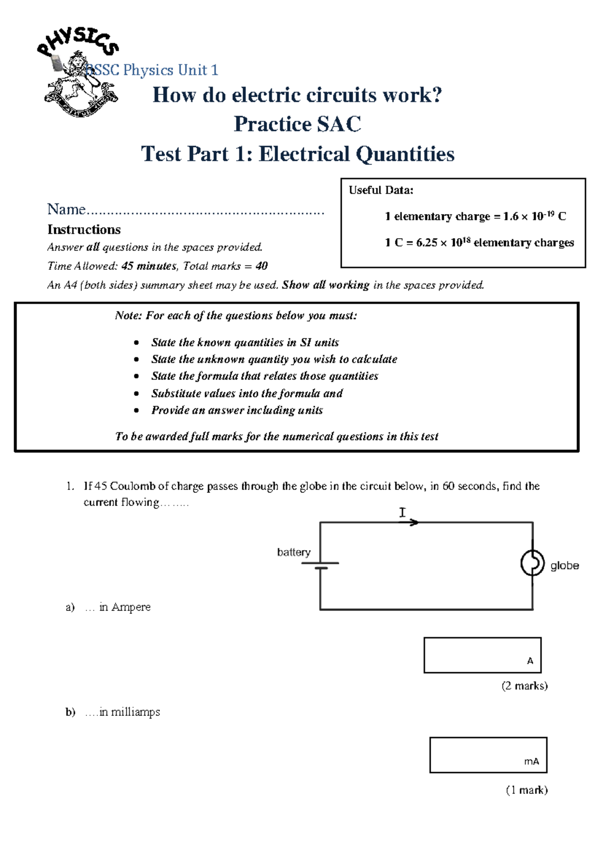 BSSC Physics Unit 1 - Electric Circuits Part 1 Practice SAC - Studocu