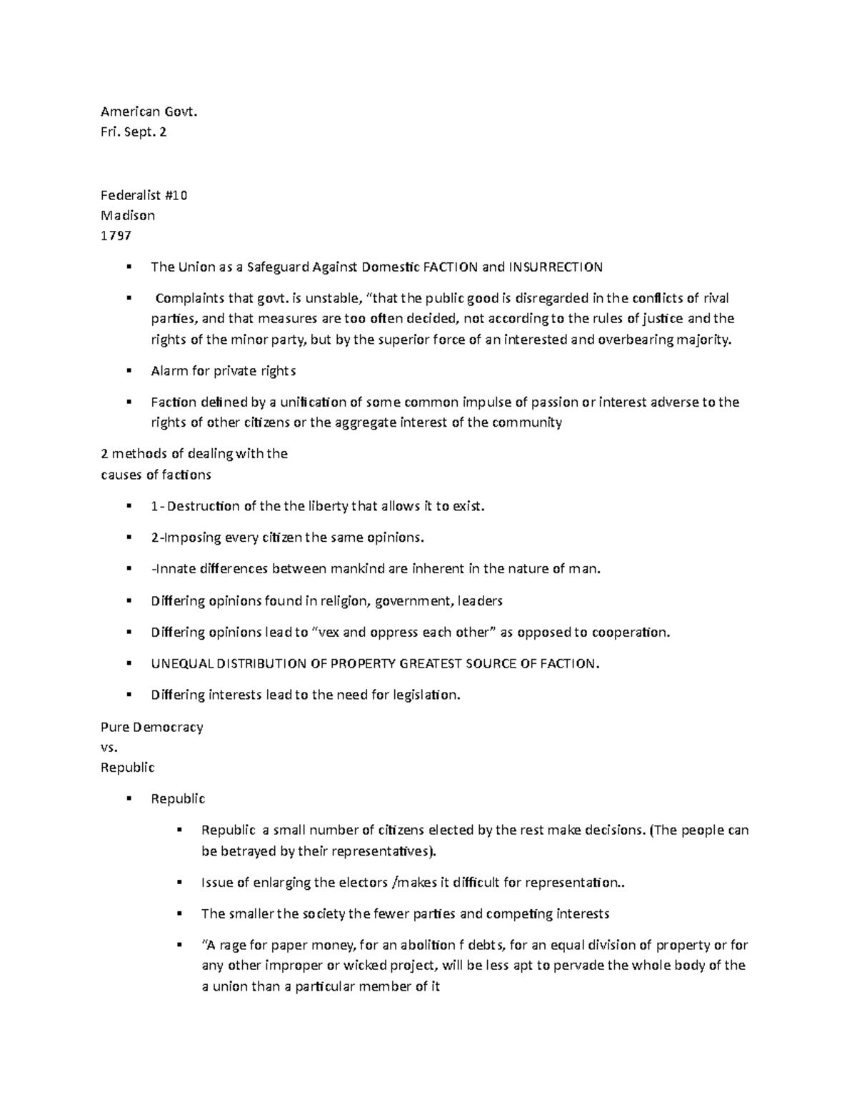 American Govt Lecture Notes: Federalist Papers Analysis - Studocu
