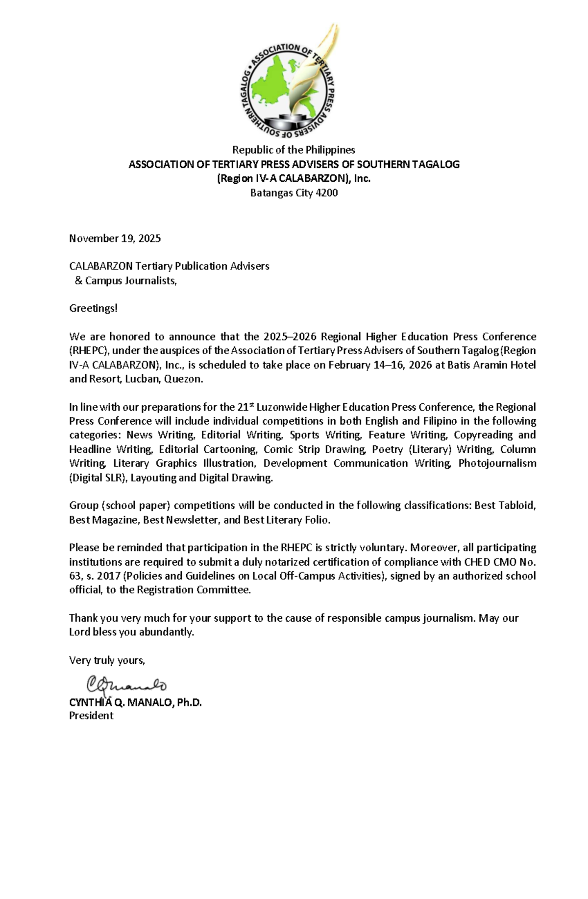 RHEPC 2026 Invitation for CALABARZON Campus Journalists - Studocu