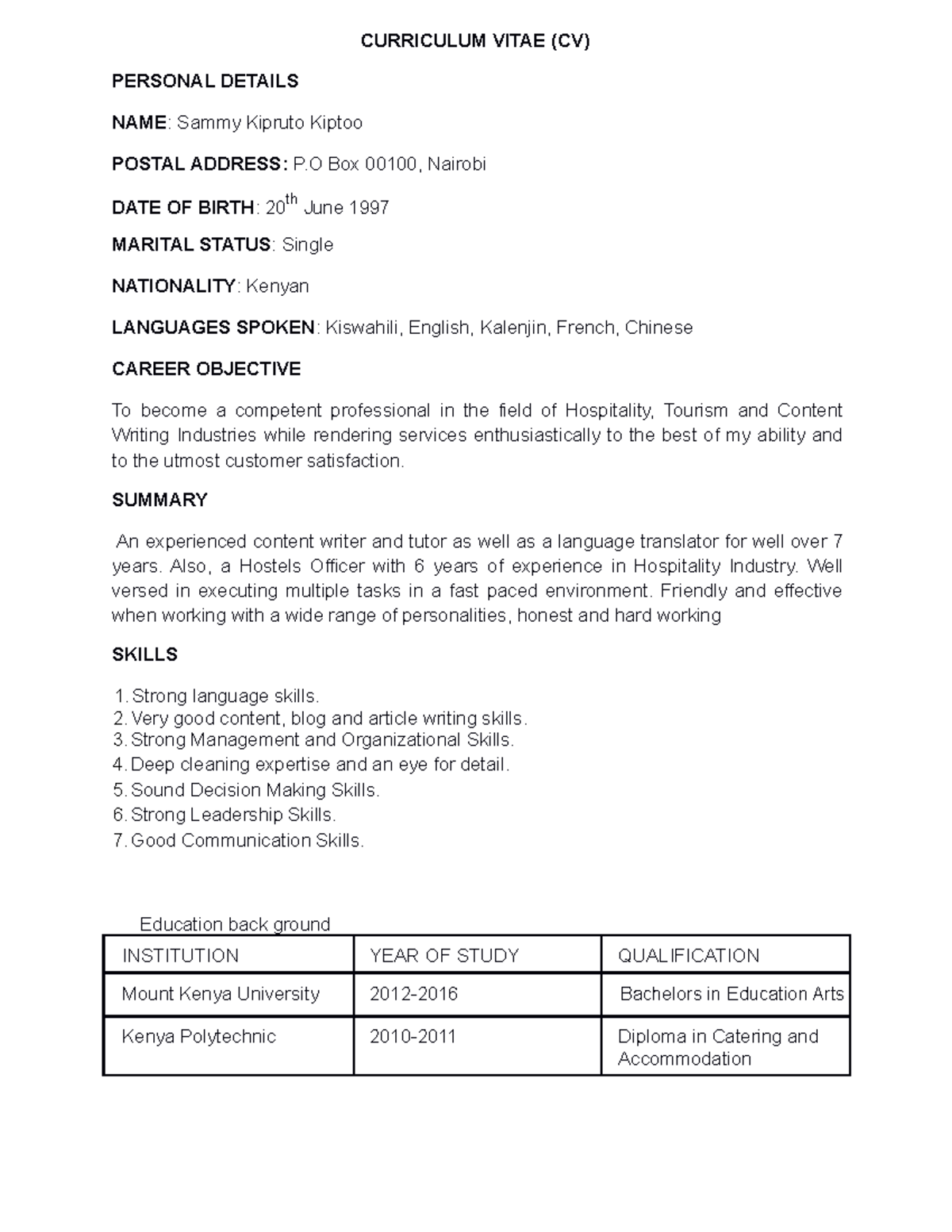 Comparative Education - CURRICULUM VITAE (CV) PERSONAL DETAILS NAME ...