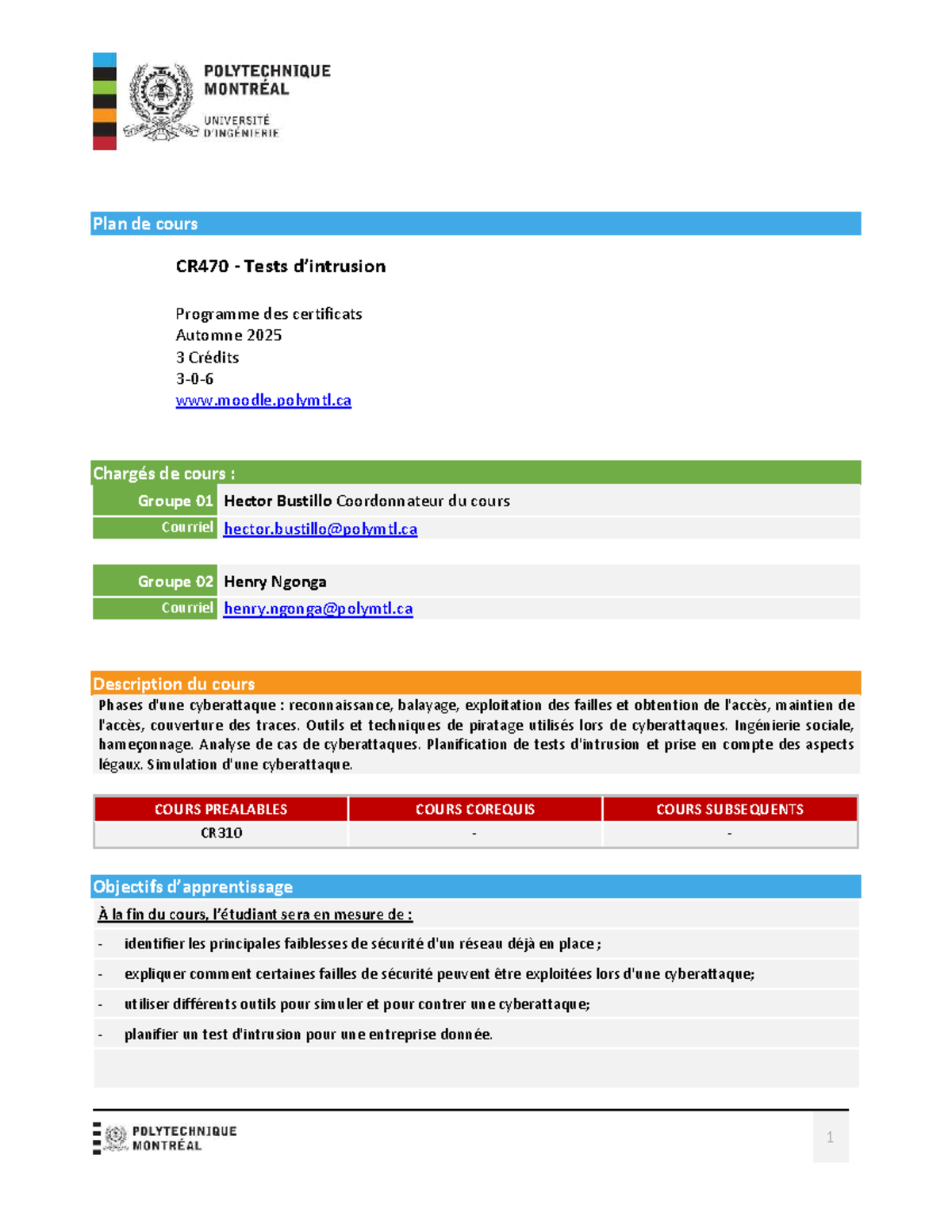 Plan de cours CR470 : Tests de Cyberattaque Automne 2025 - Studocu