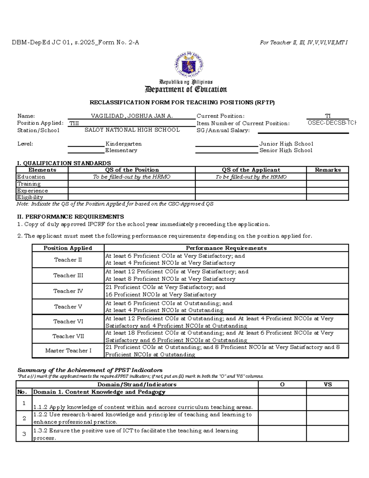 Reclassification Form for Teacher II, IV-VII (RFTP) - Joshua Saloy ...