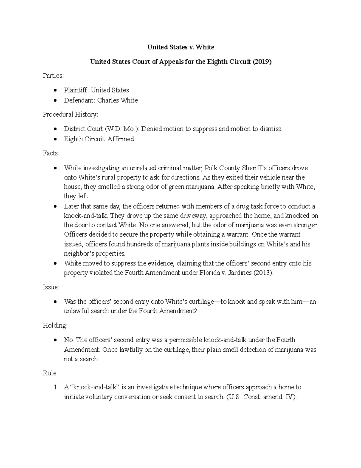 United States v. White: Eighth Circuit Case Brief (2019) - Studocu