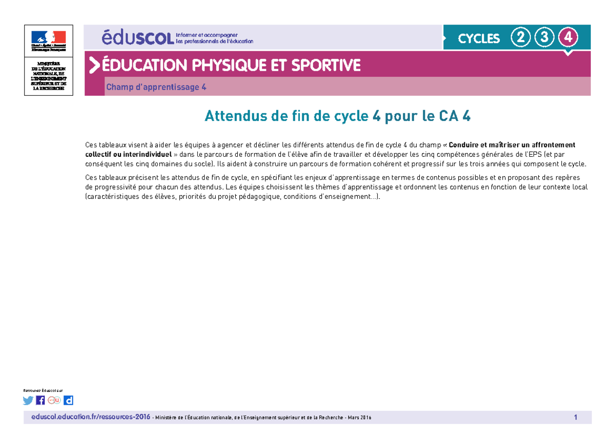Attendus de Fin de Cycle 4 en Éducation Physique et Sportive (CA 4 ...