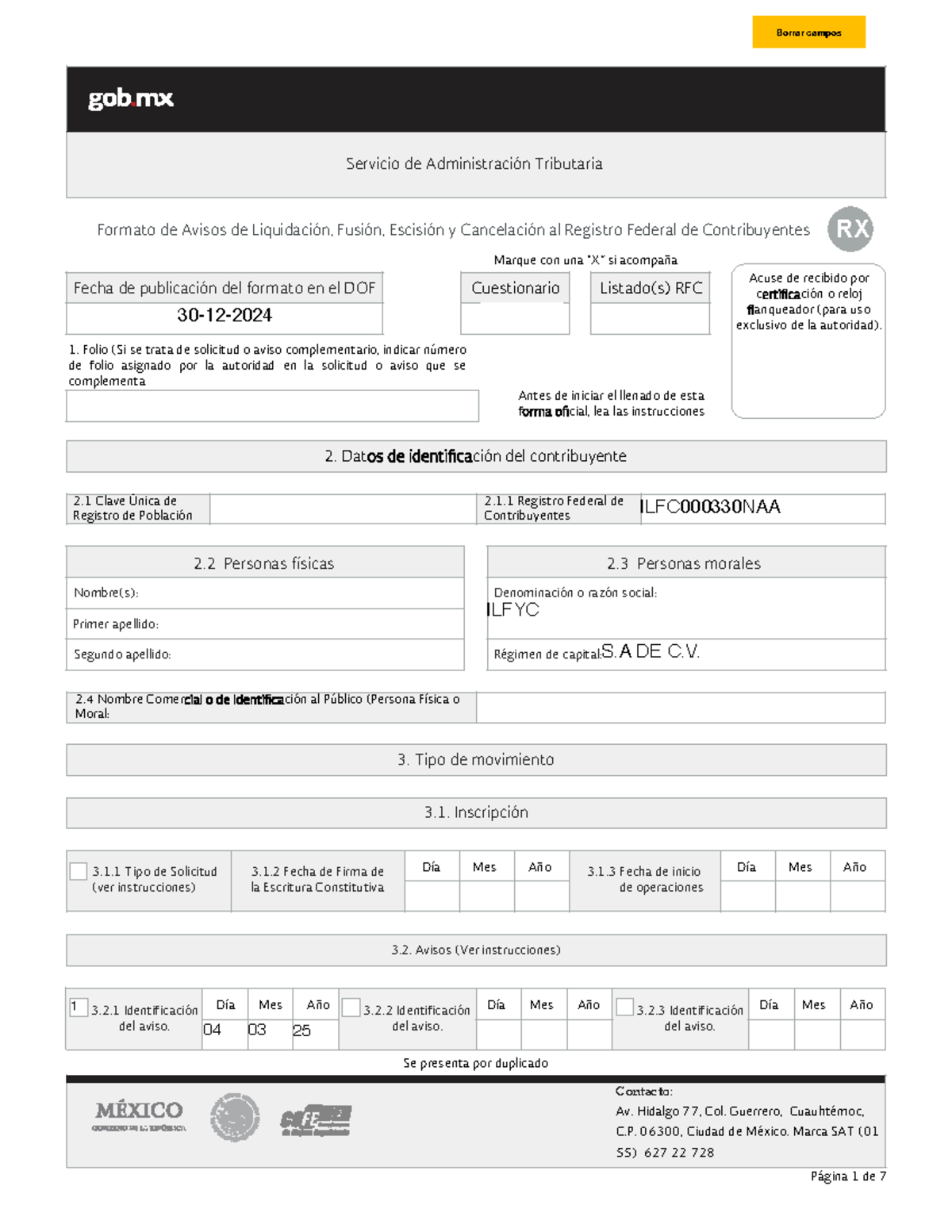 Formato RX de Avisos de Liquidación y Fusión - SAT - Studocu