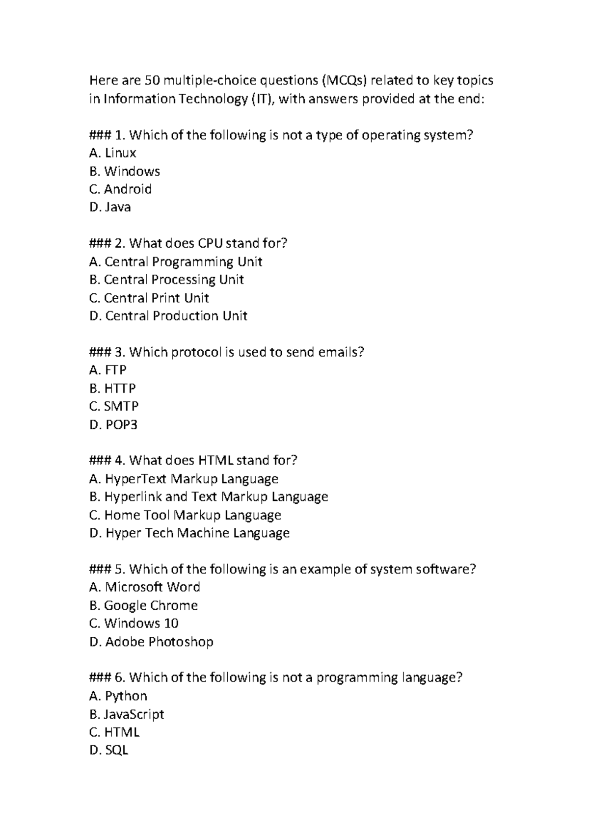IT MCQs: 50 Questions with Answers for Information Technology Exam ...