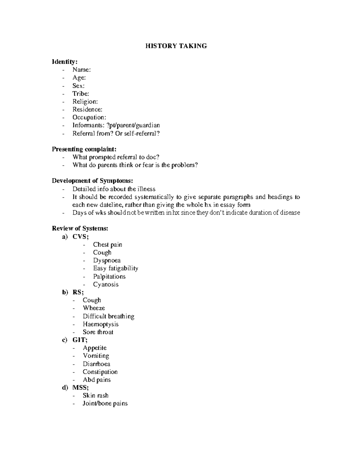 Clerk Sheet for History Taking in IMED: Comprehensive Guide - Studocu