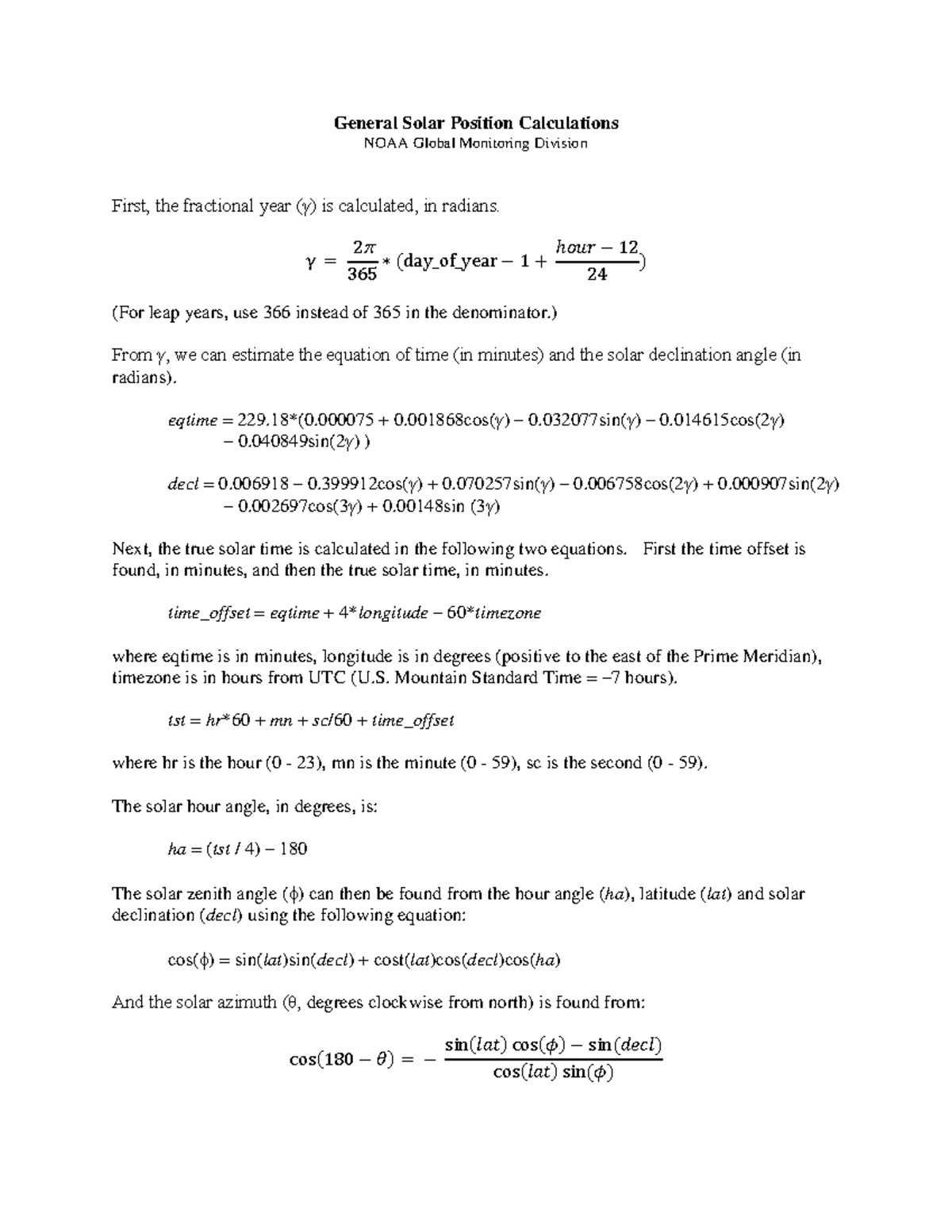 General Solar Position Calculations: NOAA Global Monitoring Division ...