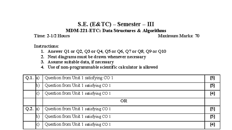 S.E. DSA Semester Exam QP - SPPU Format (Max Marks: 70) - Studocu