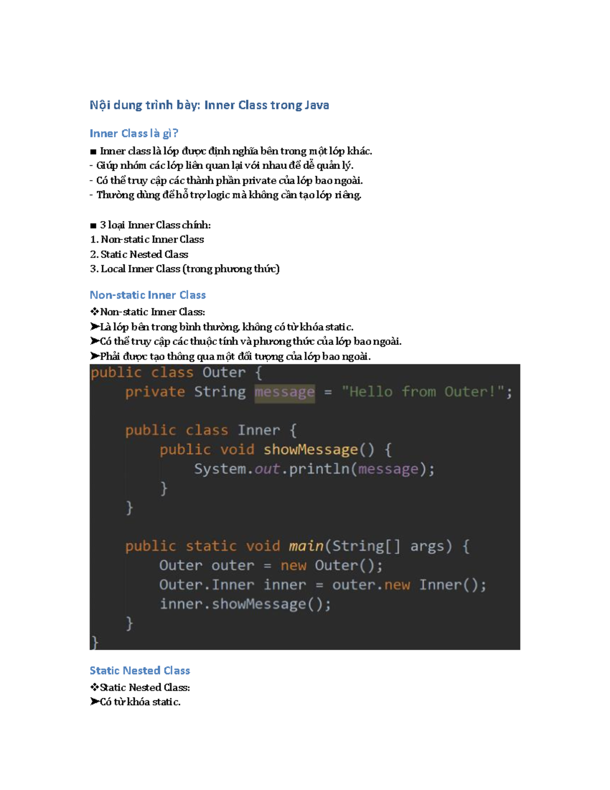 Nội dung trình bày: Inner Class trong Java - CQ3 Slot 9 - Studocu