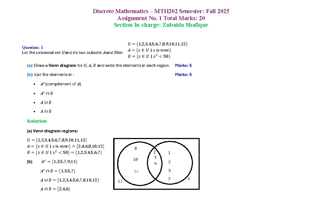 MTH202 Discrete Mathematics Assignment 1 Solutions - Fall 2025 - Studocu