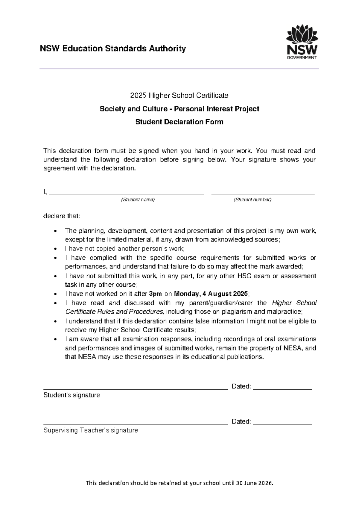 2025 HSC S&C Personal Interest Project Declaration Form - Studocu