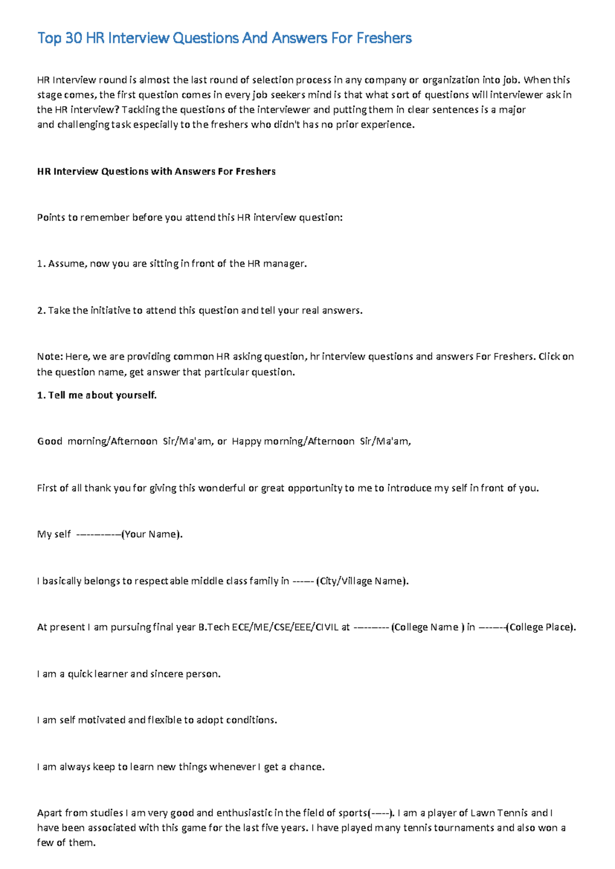 Top 30 HR Interview Questions & Answers for Freshers (JNTU) - Studocu