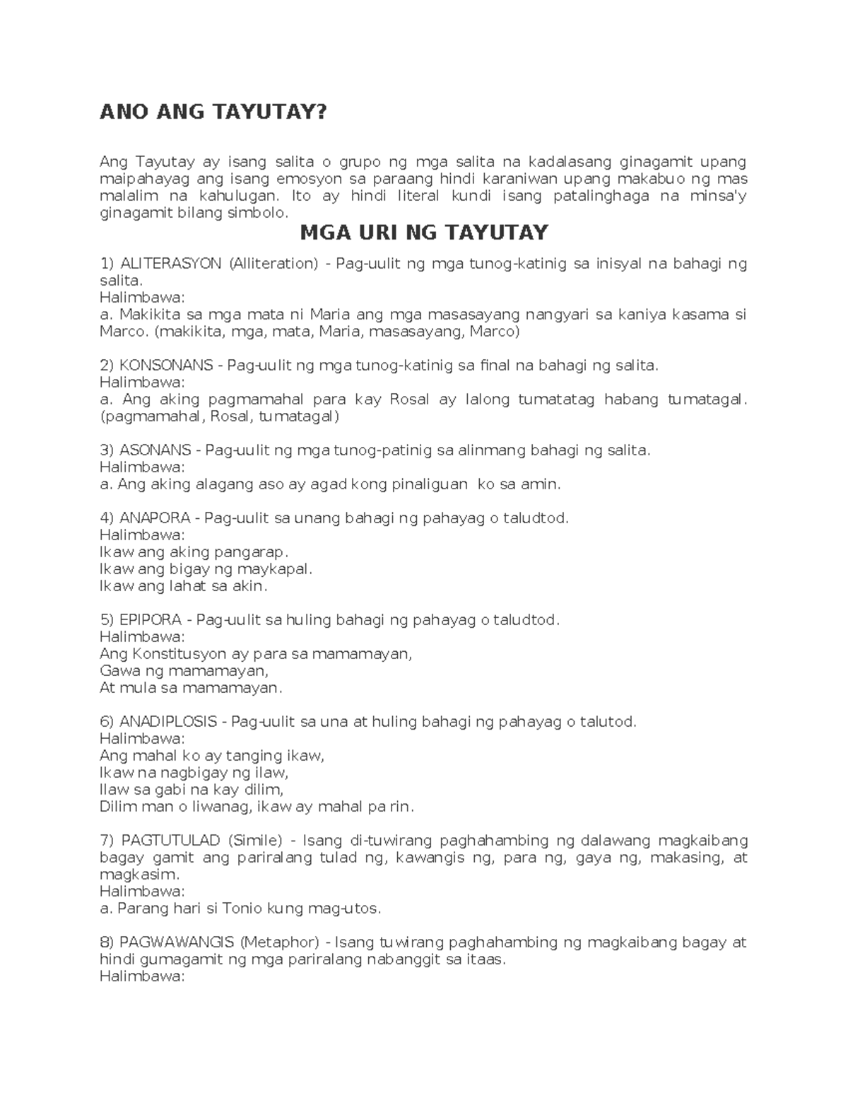 Tayutay sa Filipino: Mga Uri at Halimbawa para sa Kahalagahan - Studocu