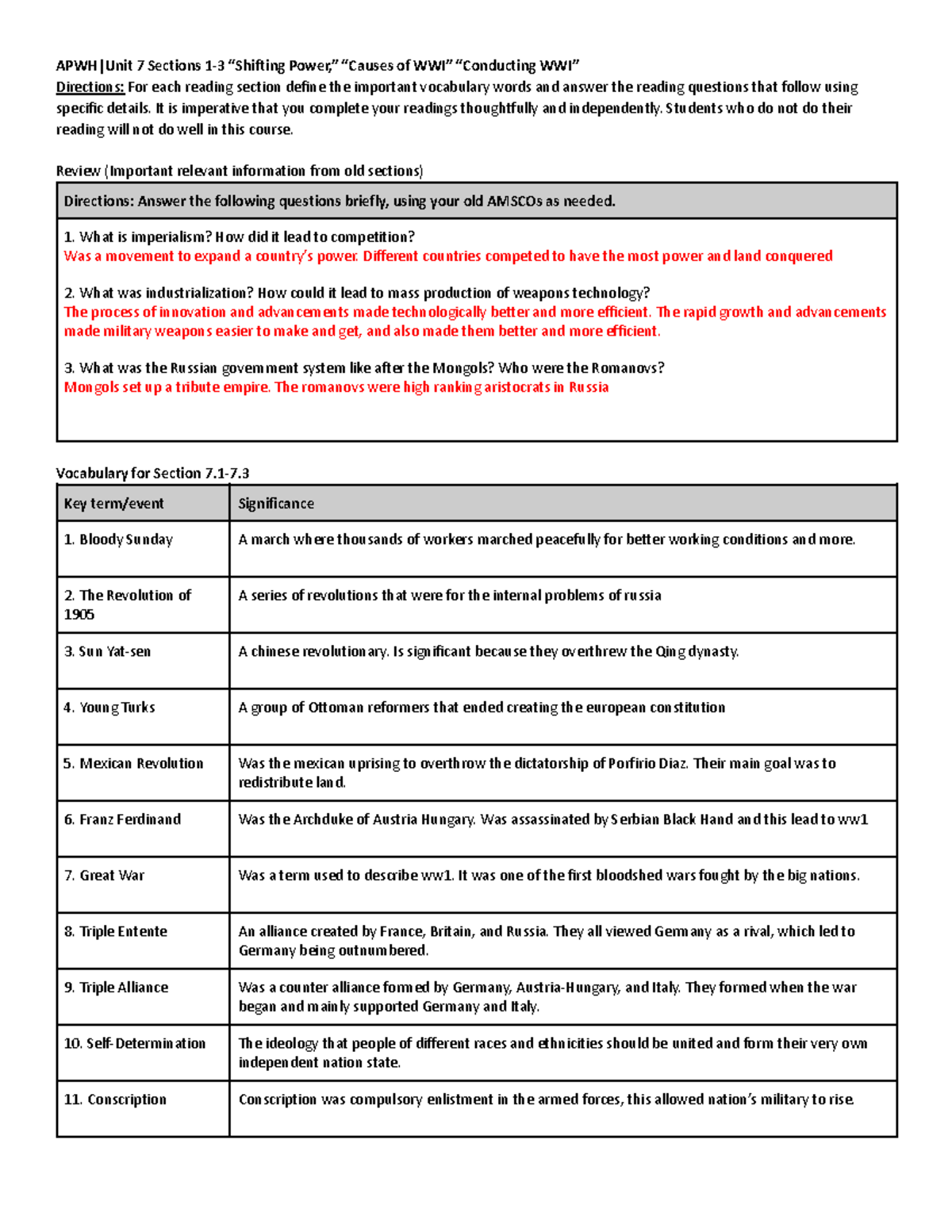 APWH|Unit 7 AMSCO Reading Questions & Answers on WWI and Interwar ...