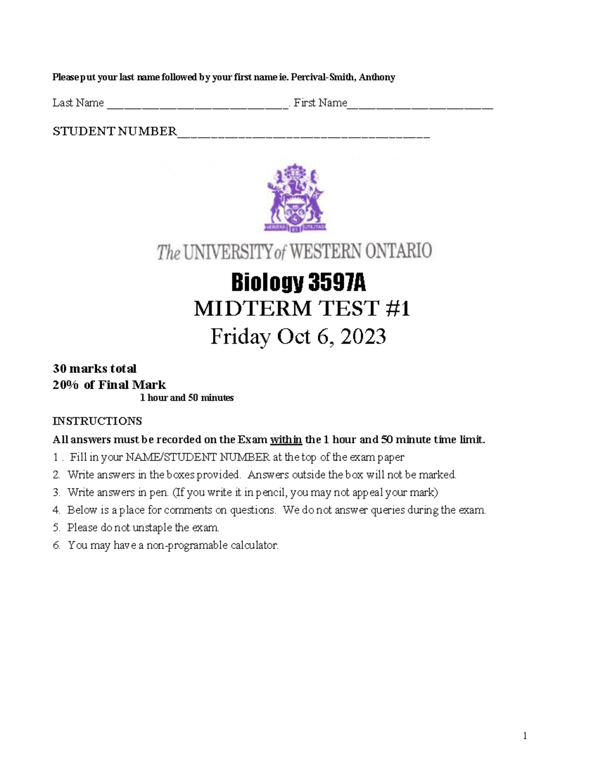 Biology 3597A Midterm Test Instructions & Content Overview - Studocu