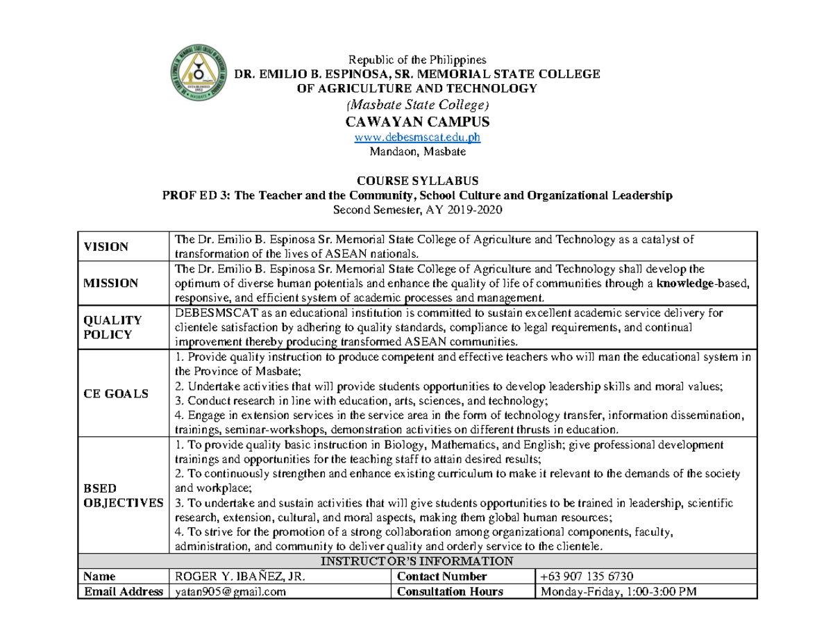 447773696 Syllabus Prof Ed 3 The Teacher and the Community School ...