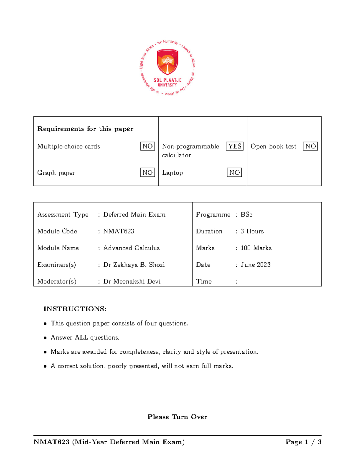 NMAT623 Advanced Calculus Deferred Main Exam - June 2023 - Studocu