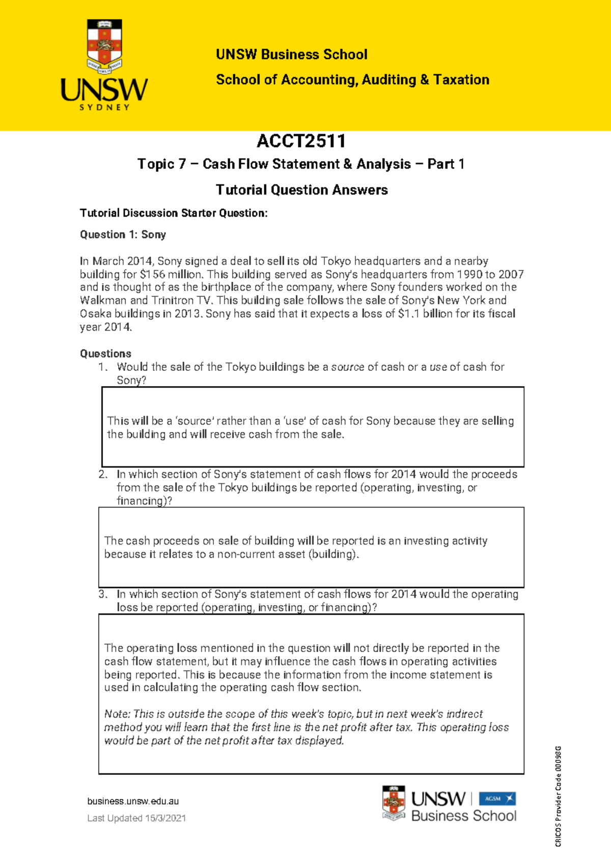ACCT2511 Topic 7 Cash Flow Statement Analysis Tutorial Q&A 2022T1 - Studocu
