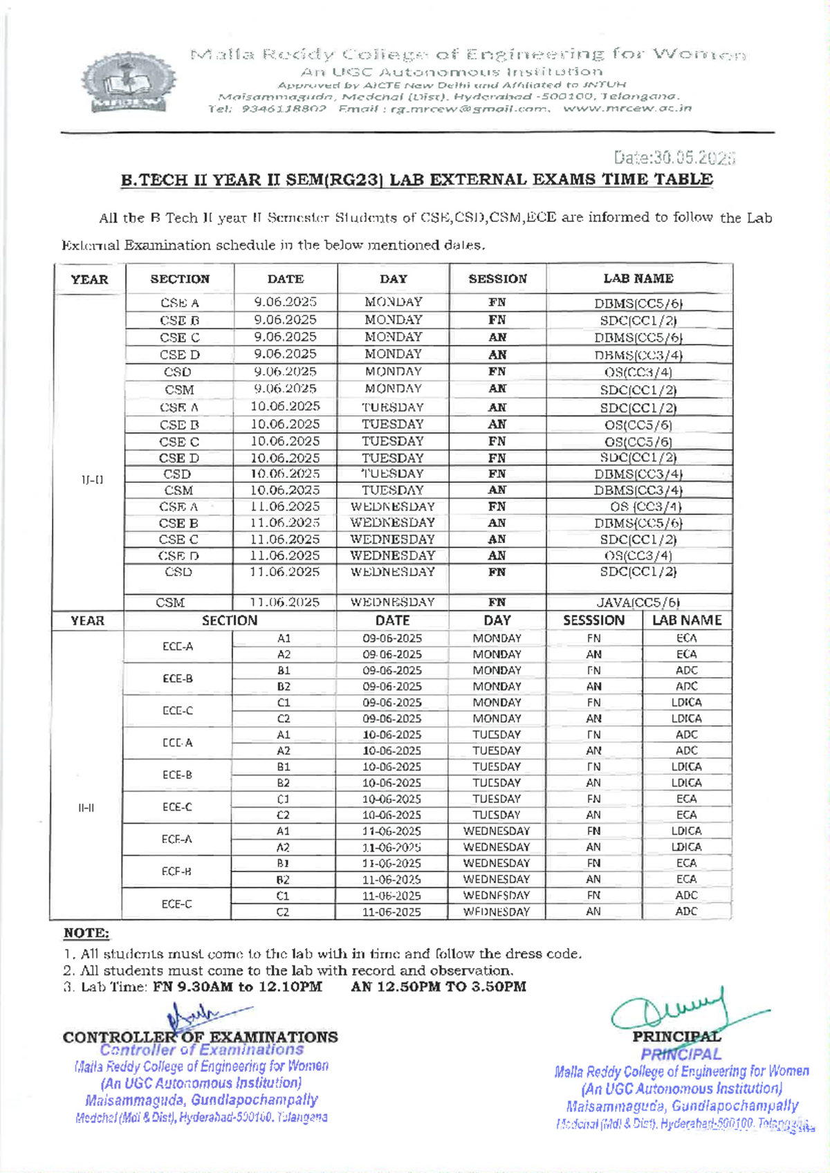 B.TECH II YEAR II SEM (RG23) LAB External Exam Time Table - Studocu