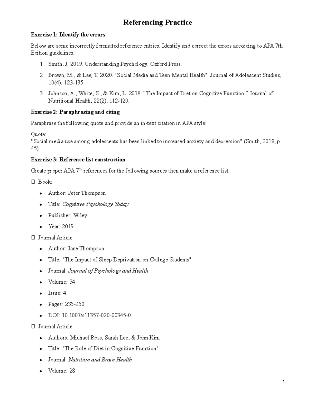 Referencing Practice Exercise 1: APA 7th Edition Corrections - Studocu
