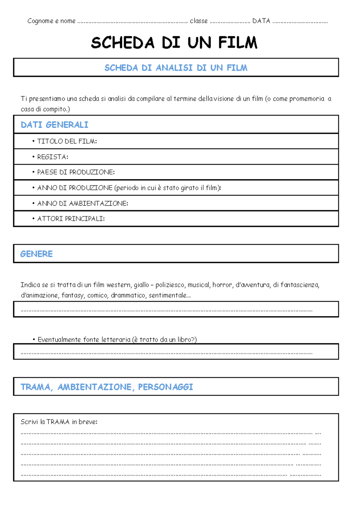 Scheda-FILM - efefefef - Cognome e nome - Studocu