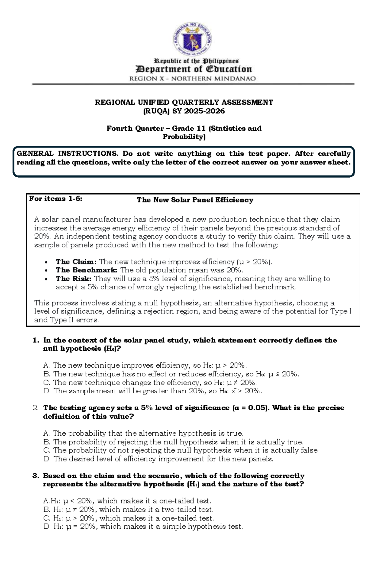 MATH 11 RUQA Q4 Final - Statistics and Probability Test Questions - Studocu