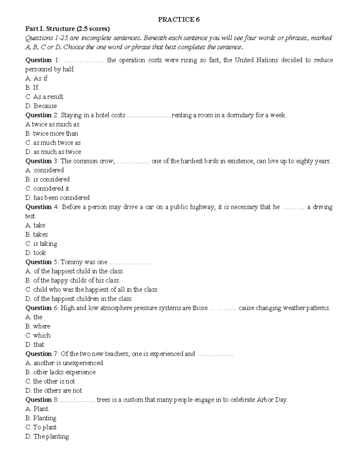 P6 - Practice 6: Structure & Written Expression Questions - Studocu