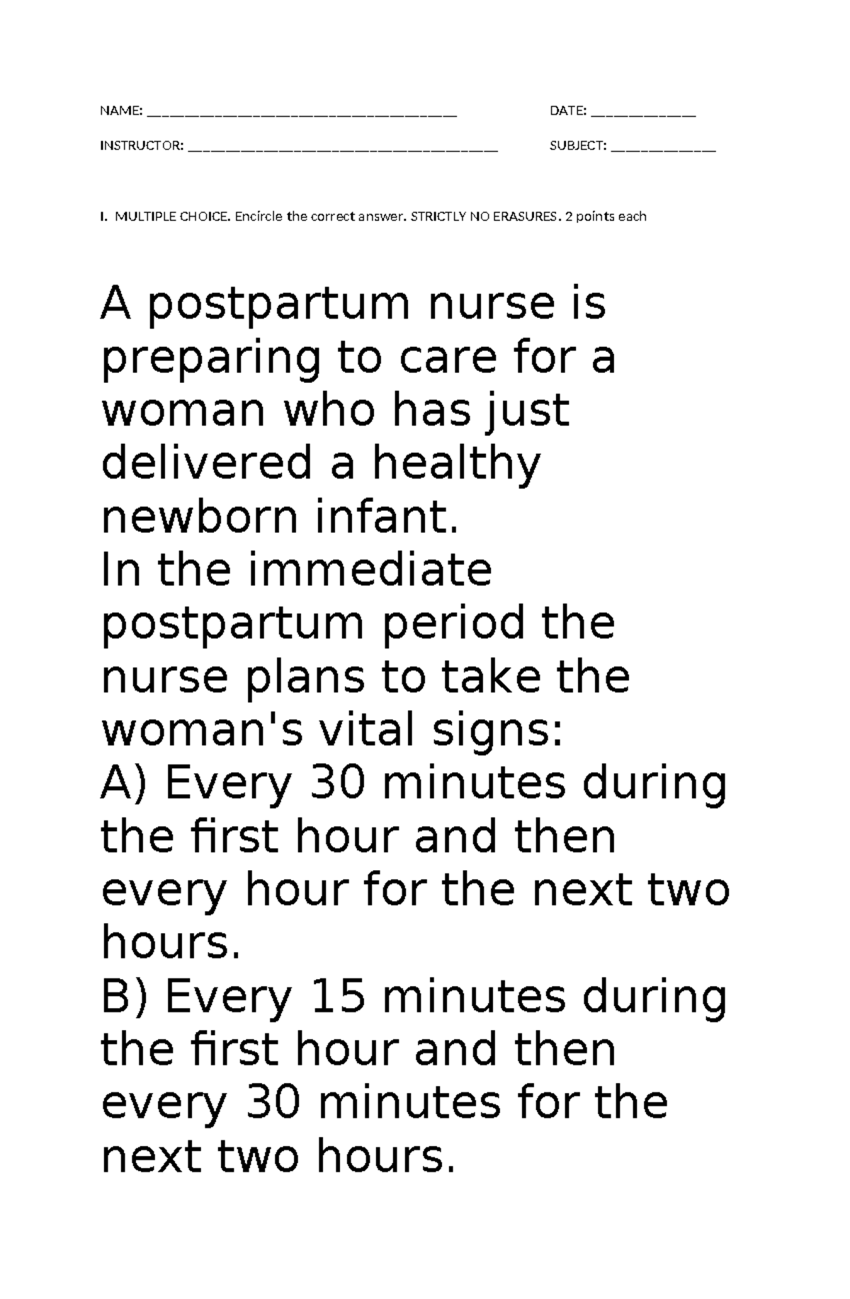 OB Ward QUIZ - Vital Signs and Postpartum Care Questions - Studocu