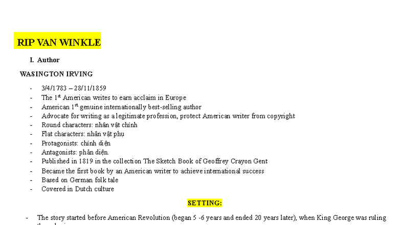 American Literature: Analysis of "Rip Van Winkle" and Other Works - Studocu