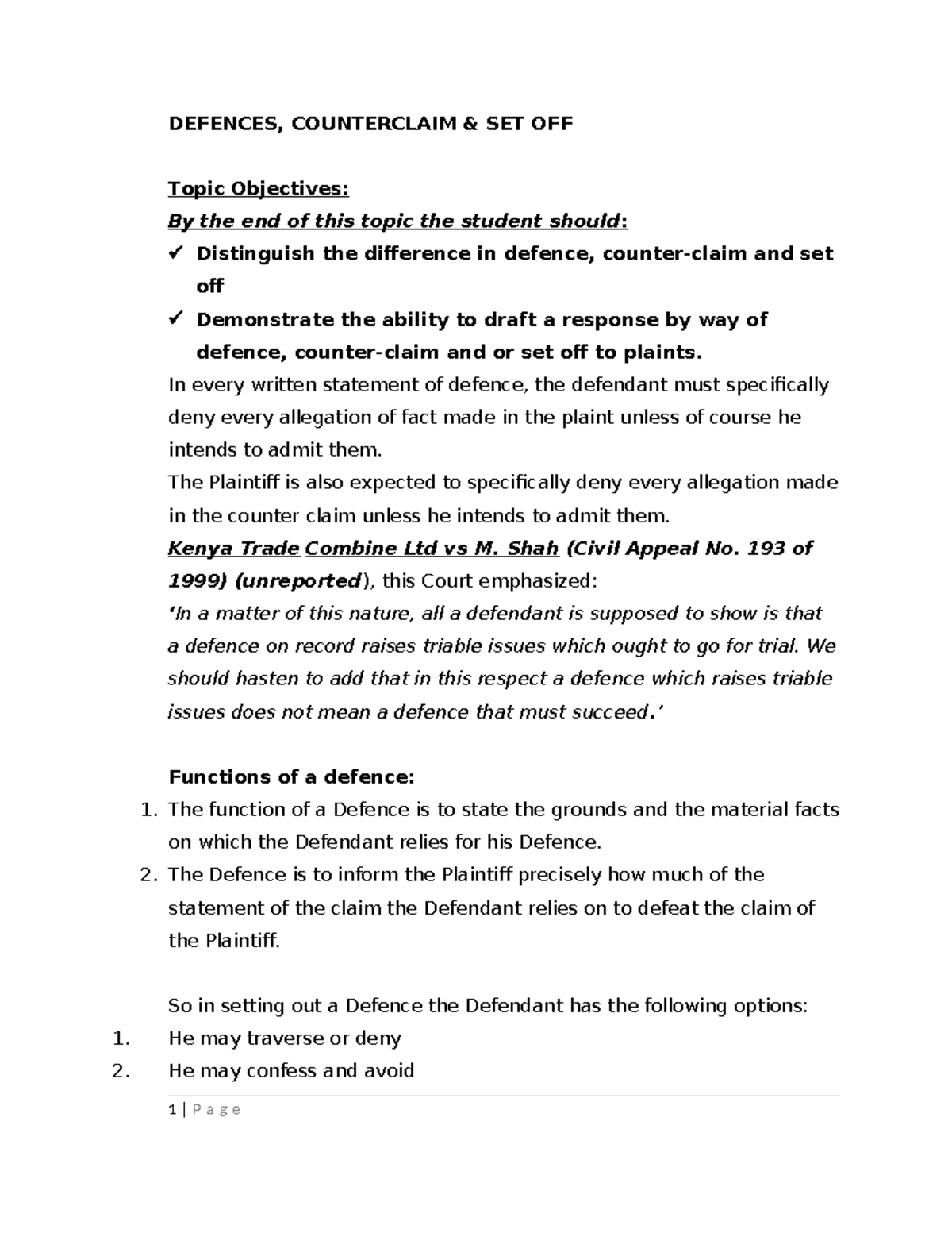 DEFENCES, COUNTERCLAIM & SET OFF - LAW 101 Topic 4 Notes - Studocu