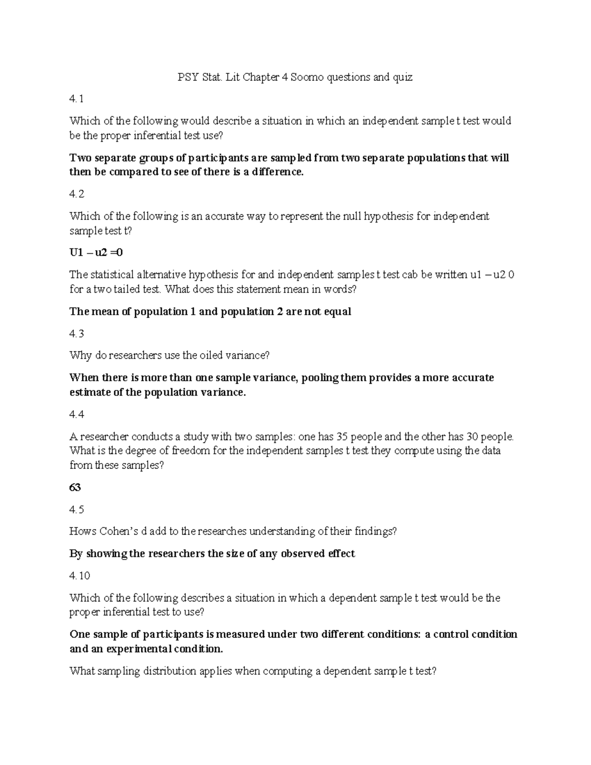 PSY 260 Soomo Chapter 4: Quiz Questions and Answers on T Tests and ...