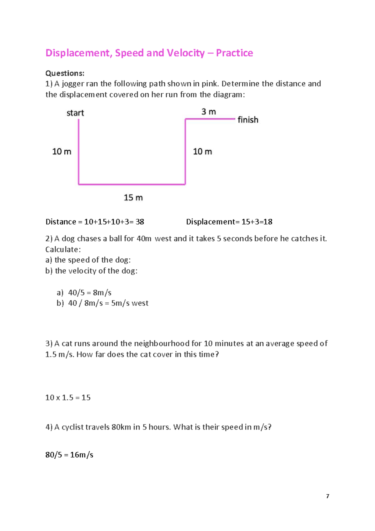 Lesson 4 Homework: Displacement, Speed, and Velocity Practice Questions ...