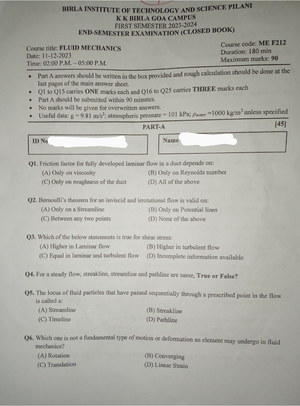 Compre part B solution - sfsf - Fluid - Birla Institute of Technology and Science, Pilani, K.K ...