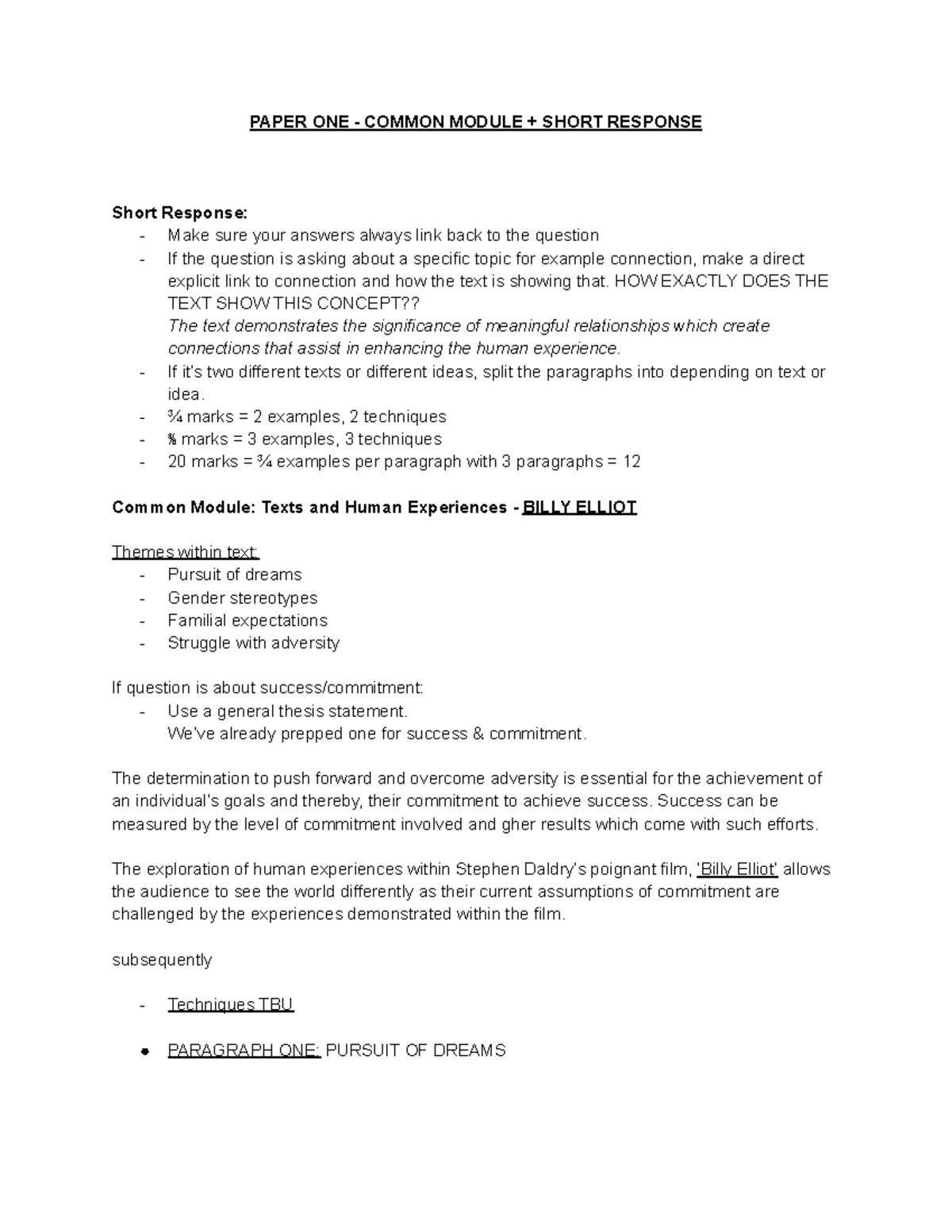 English Billy Elliot - Common Module & Short Response Notes - Studocu