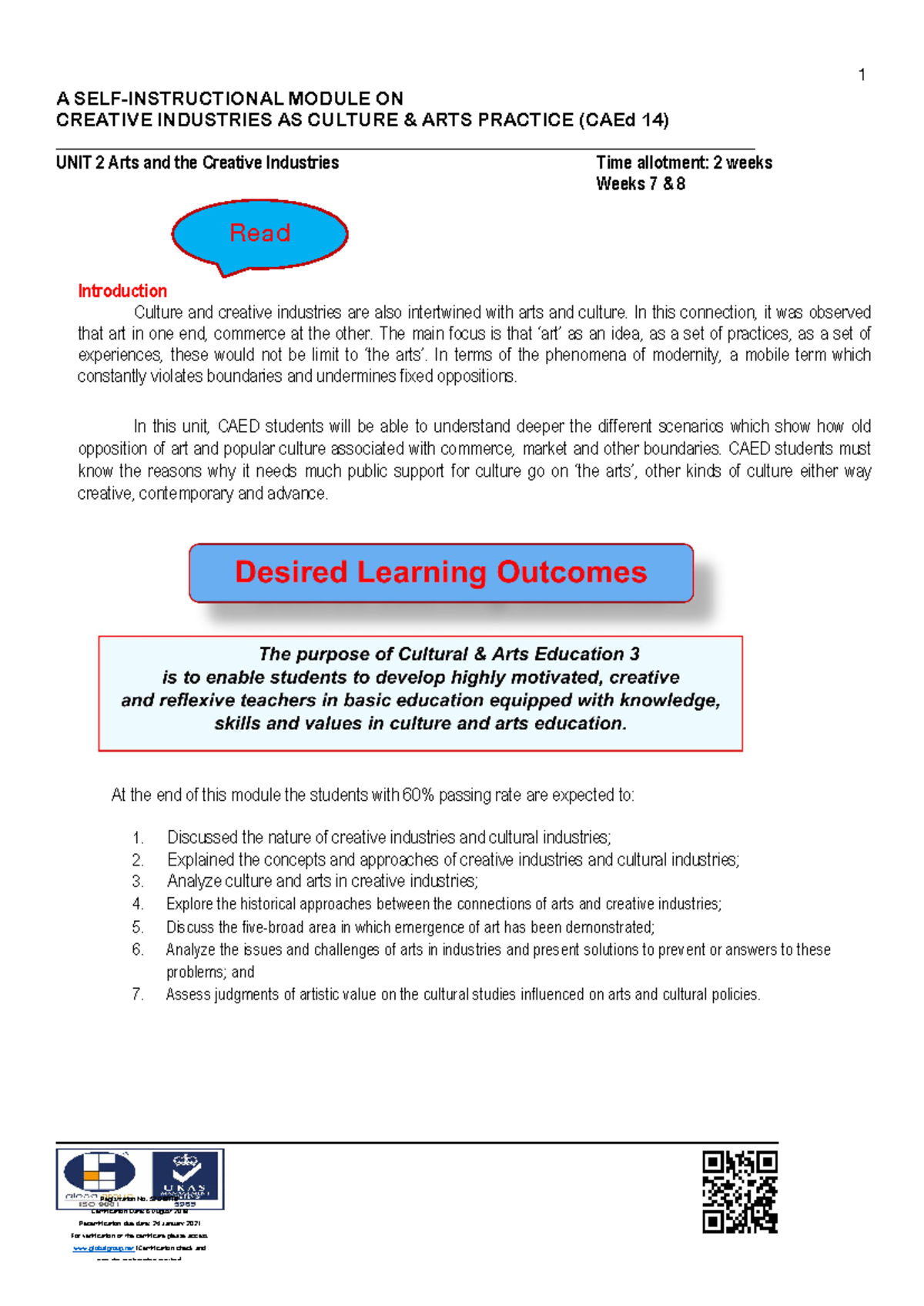 Unit2-CAEd14 - A SELF-INSTRUCTIONAL MODULE ON CREATIVE INDUSTRIES AS ...