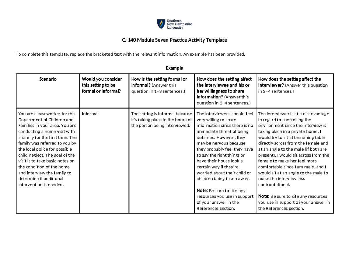 CJ 140 Module 7 Practice Activity: Interview Setting Analysis - Studocu