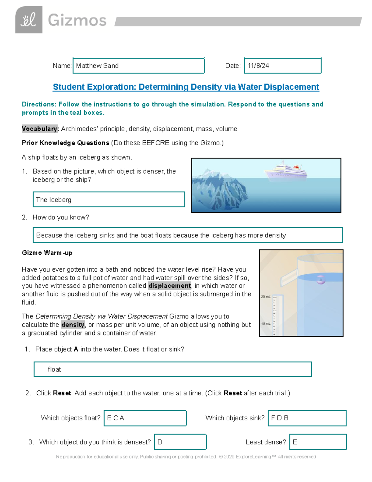 Gizmo Exploration: Determining Density via Water Displacement Activity ...