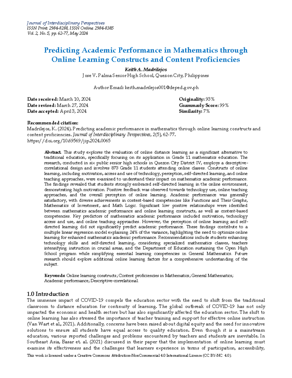 Revised Title: Predicting Academic Performance in Mathematics (MATH 11 ...