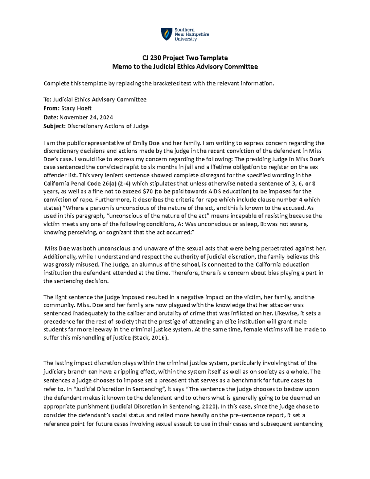 CJ 230 Project Two: Memo on Judicial Discretion in Sentencing - Studocu