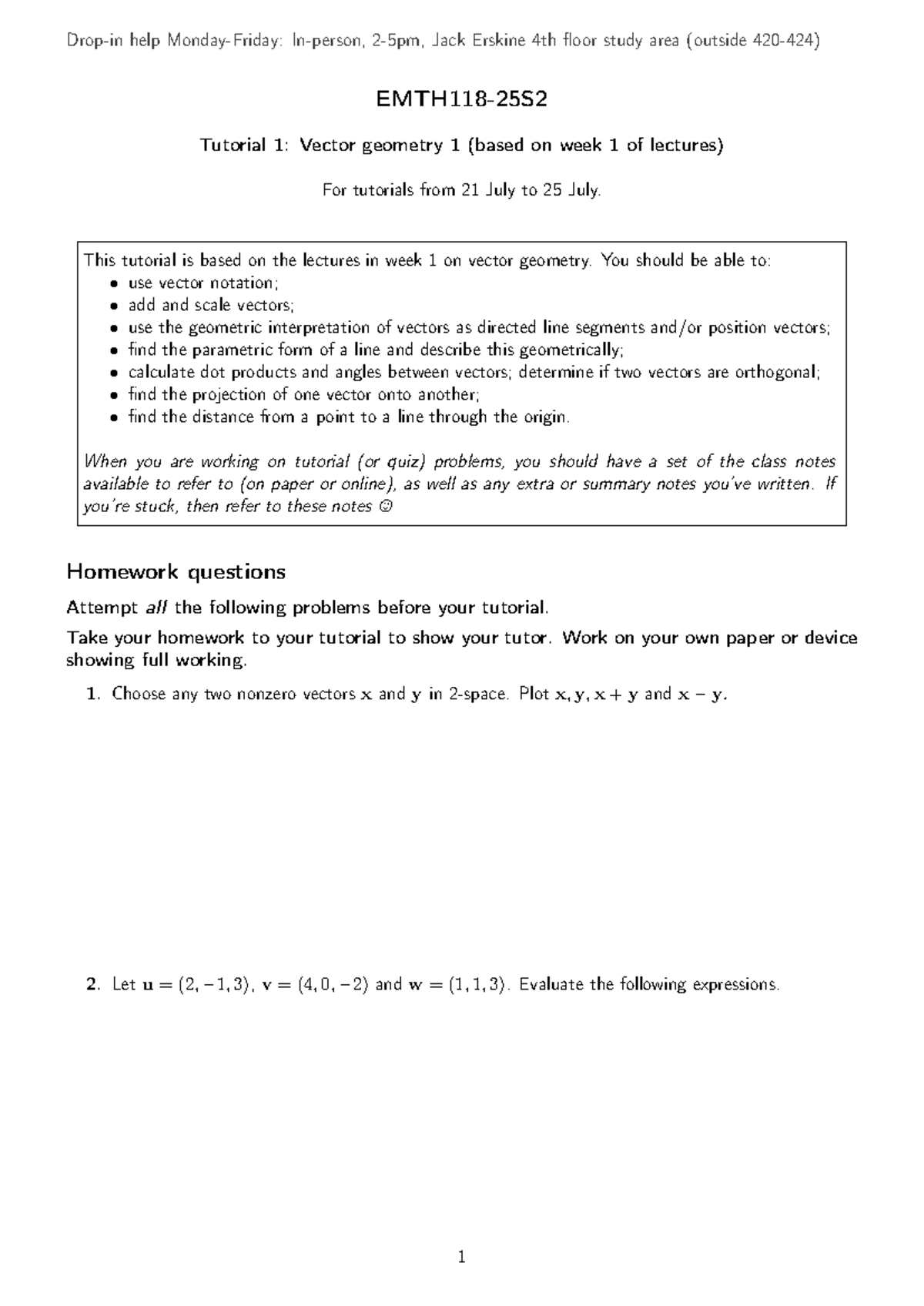 EMTH118 S2 Tutorial 01: Vector Geometry Week 1 Questions - Studocu